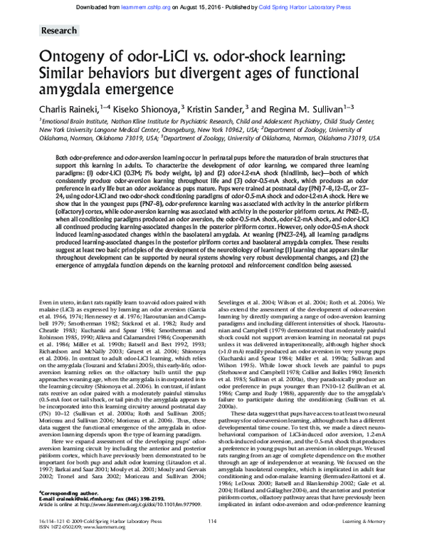 (PDF) Ontogeny of odor-LiCl vs. odor-shock learning: Similar behaviors ...