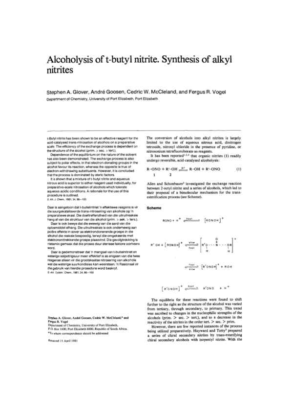 (PDF) Alcoholysis of t-butyl nitrite. Synthesis of alkyl nitrites [R'ONOH