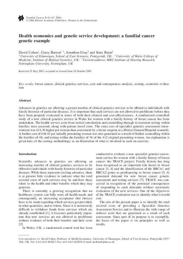 (PDF) Health economics and genetic service development: a familial ...