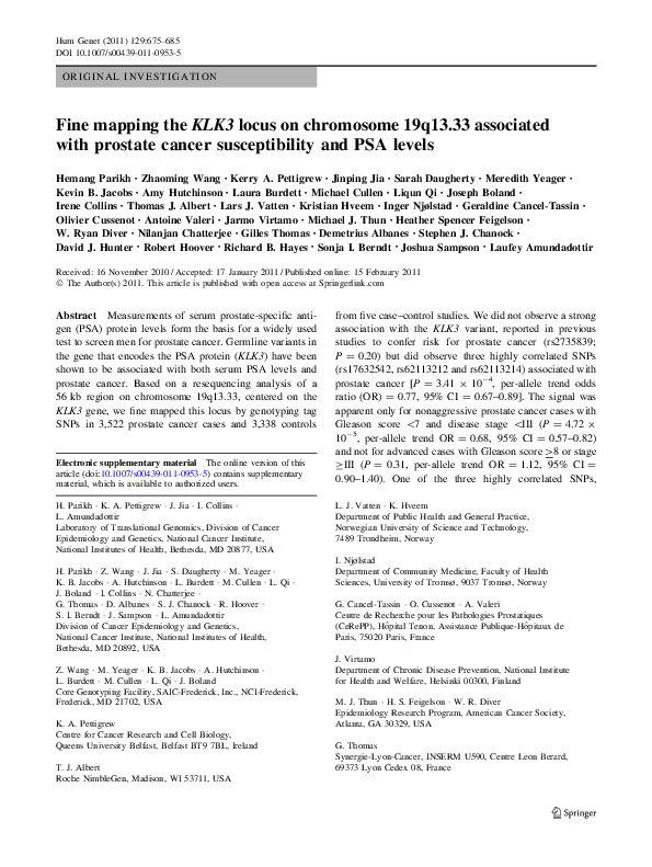 (PDF) Fine mapping the KLK3 locus on chromosome 19q13.33 associated with prostate cancer ...