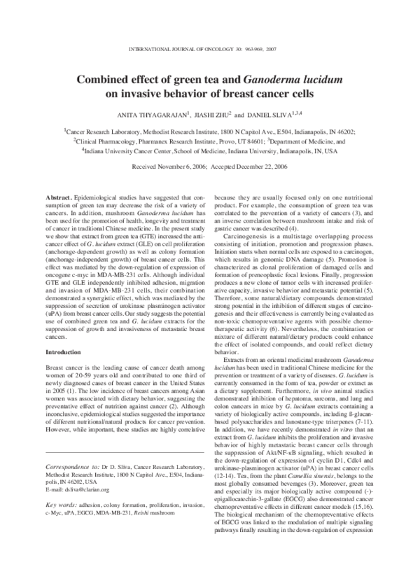 (PDF) Combined effect of green tea and Ganoderma lucidum on invasive behavior of breast cancer cells