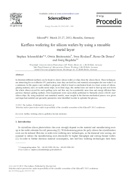 (PDF) Kerfless Wafering for Silicon Wafers by Using a Reusable Metal Layer
