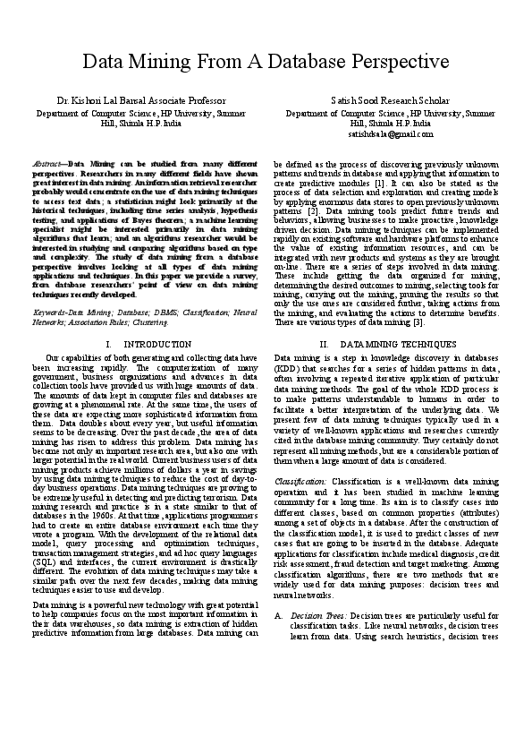 (DOC) Data Mining From A Database Perspective
