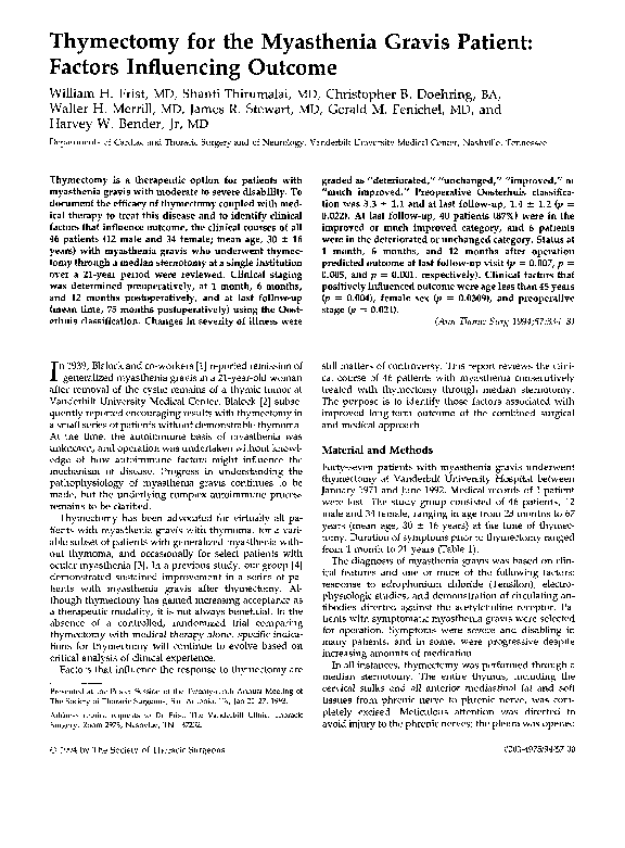 (PDF) Thymectomy for the myasthenia gravis patient: Factors influencing outcome | William Frist ...