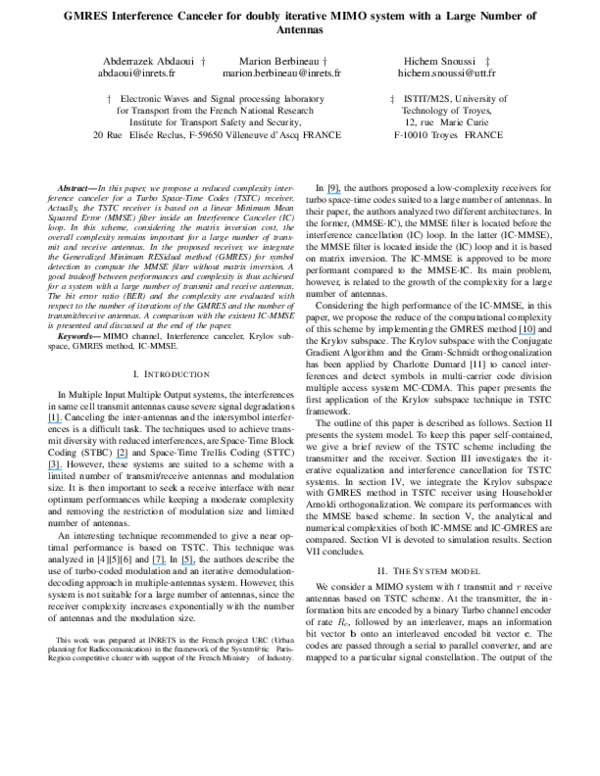 Pdf Gmres Interference Canceler For Doubly Iterative Mimo System With A Large Number Of Antennas