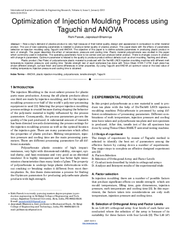 Pdf Optimization Of Injection Moulding Process Using Taguchi And Anova