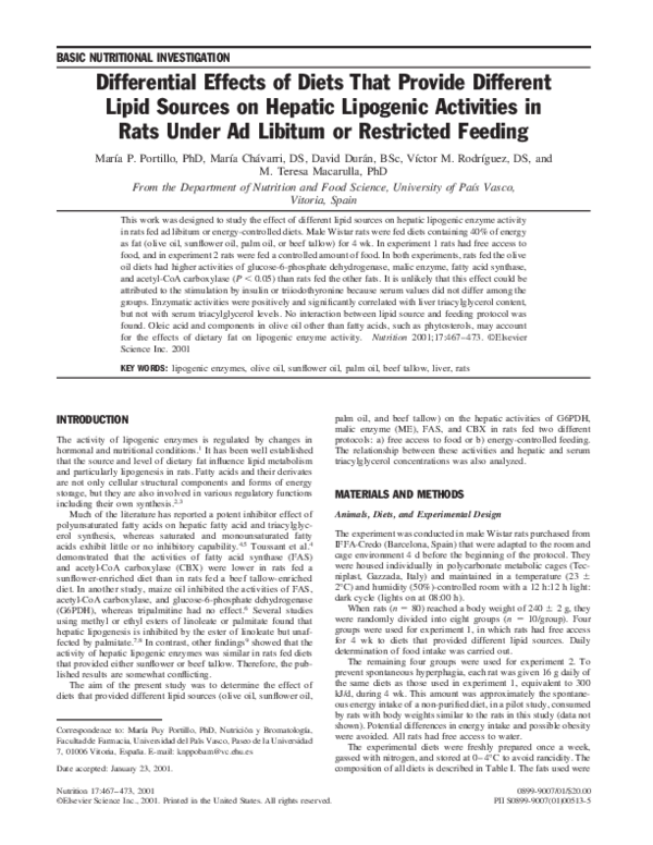 Pdf Differential Effects Of Diets That Provide Different Lipid