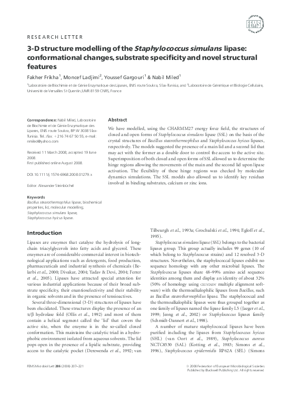 (PDF) 3-D structure modelling of the Staphylococcus simulans lipase ...