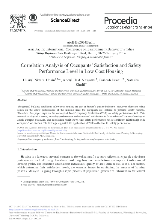 Pdf Correlation Analysis Of Occupants Satisfaction And Safety Performance Level In Low Cost
