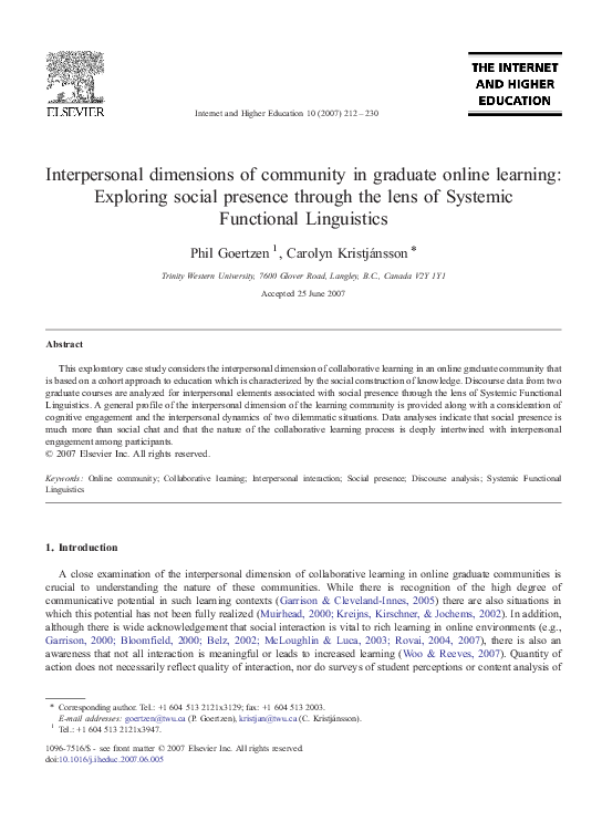 (PDF) Interpersonal dimensions of community in graduate online learning ...