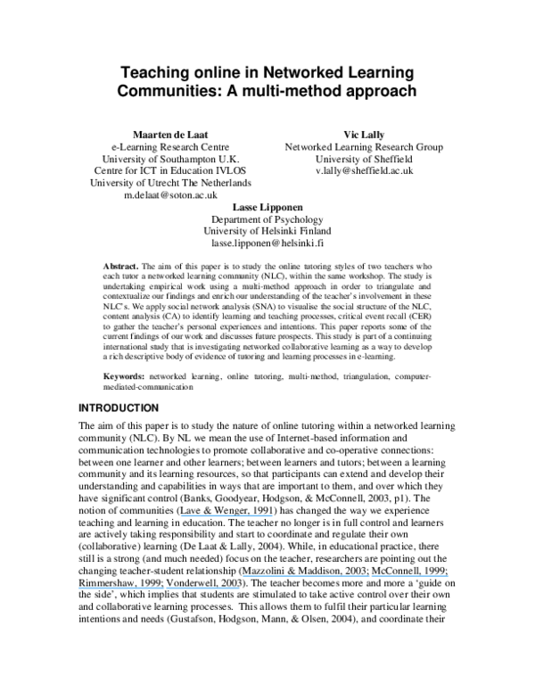 (PDF) Teaching online in Networked Learning Communities: A multi-method approach