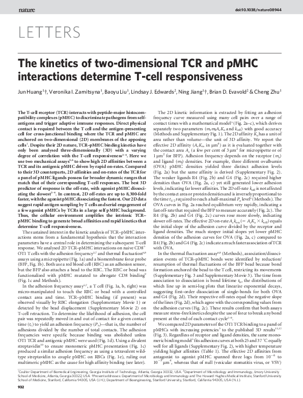 (PDF) The kinetics of two-dimensional TCR and pMHC interactions determine T-cell responsiveness