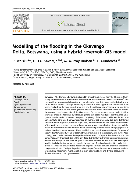 Pdf Modelling Of The Flooding In The Okavango Delta Botswana Using