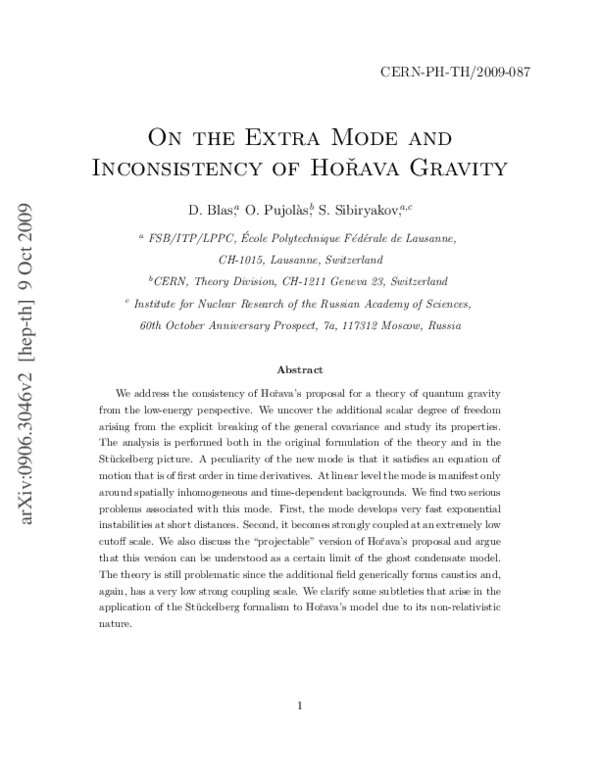 (PDF) On the extra mode and inconsistency of Hořava gravity | Sergey ...