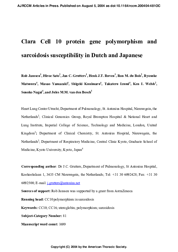 (PDF) Clara cell 10 protein gene polymorphism and sarcoidosis ...