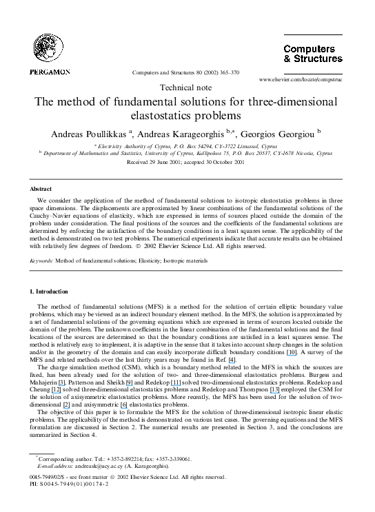 (PDF) The method of fundamental solutions for three-dimensional elastostatics problems