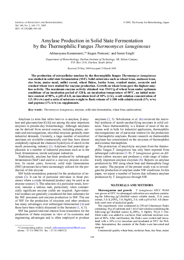 (PDF) Amylase production in solid state fermentation by the thermophilic fungus Thermomyces ...