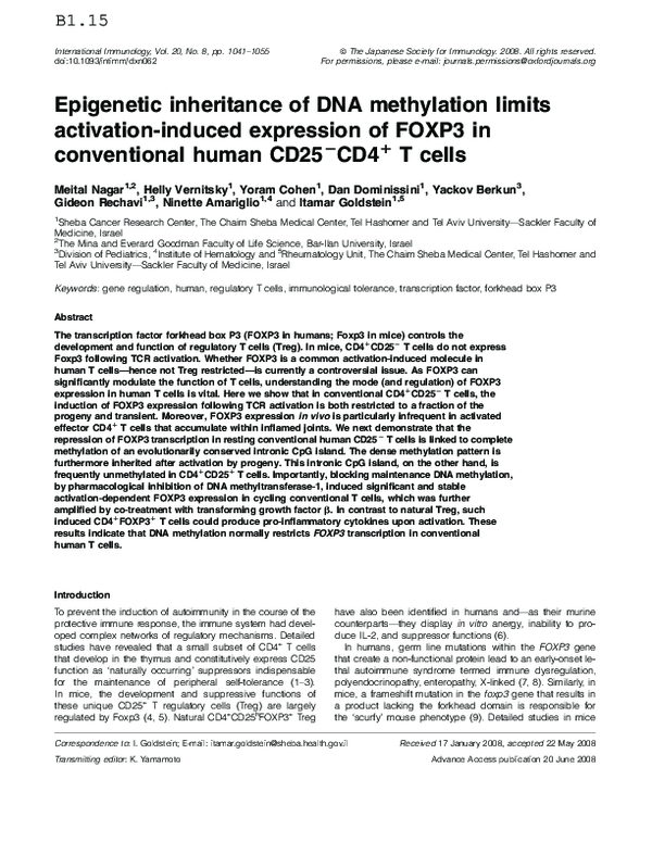 (PDF) Epigenetic inheritance of DNA methylation limits activation-induced expression of FOXP3 in ...