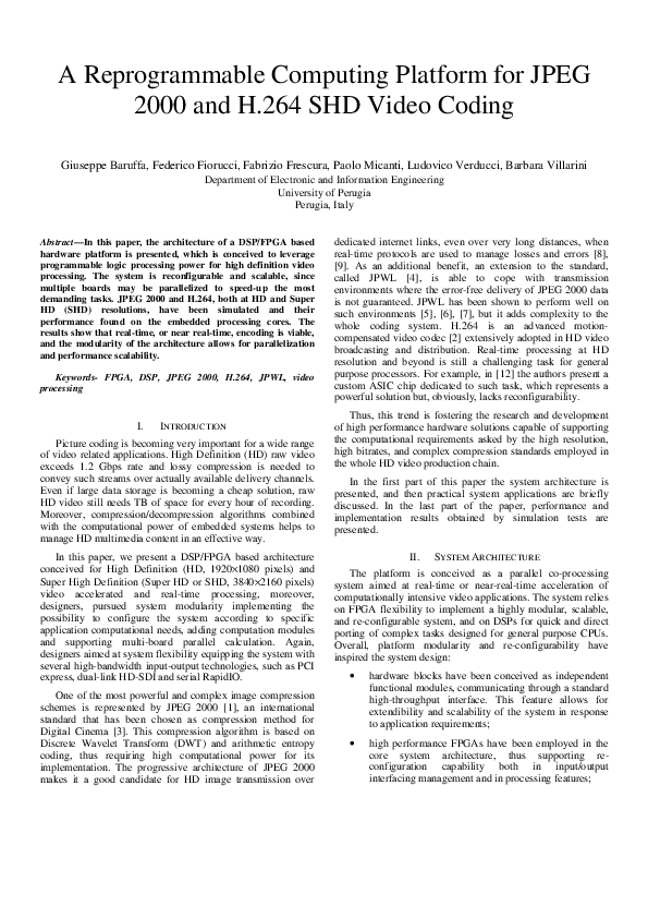 (PDF) A reprogrammable computing platform for JPEG 2000 and H.264 SHD video coding