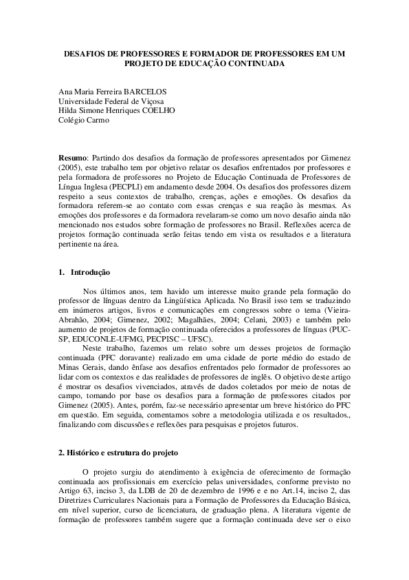 Pdf Desafios De Professores E Formador De Professores Em Um Projeto