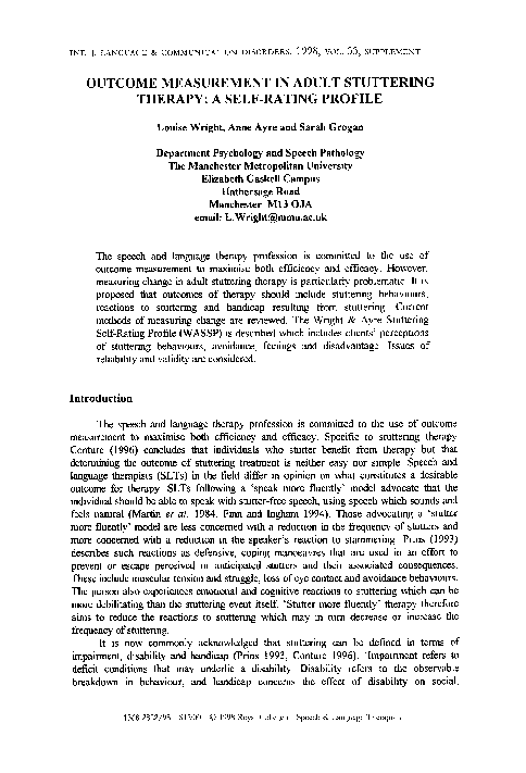 (PDF) Outcome Measurement in Adult Stuttering Therapy: A Self-Rating ...
