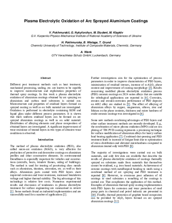 (PDF) Plasma Electrolytic Oxidation of Arc-Sprayed Aluminum Coatings