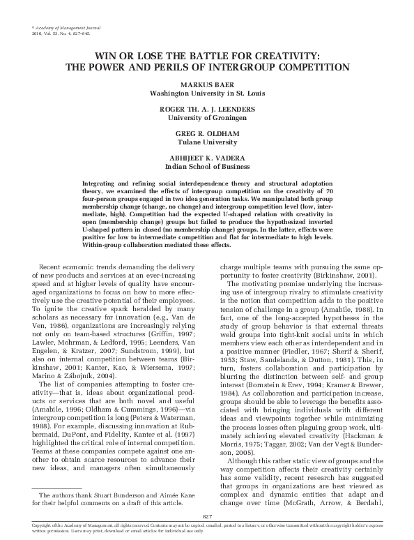 (PDF) Win or lose the battle for creativity: The power and perils of ...