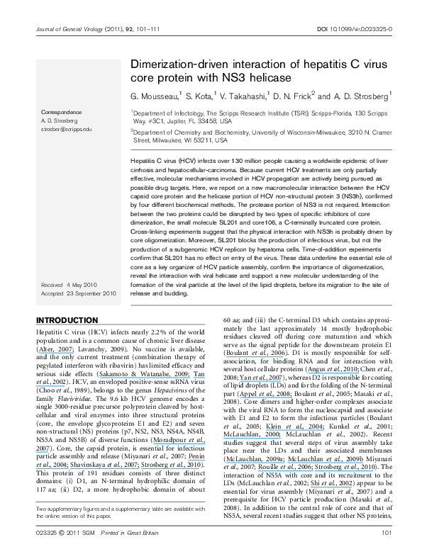 (PDF) Dimerization-driven interaction of hepatitis C virus core protein with NS3 helicase
