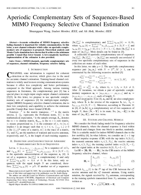(PDF) Aperiodic complementary sets of sequences-based MIMO frequency selective channel estimation