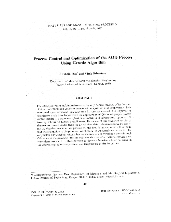 Pdf Process Control And Optimization Of The Aod Process Using Genetic Algorithm