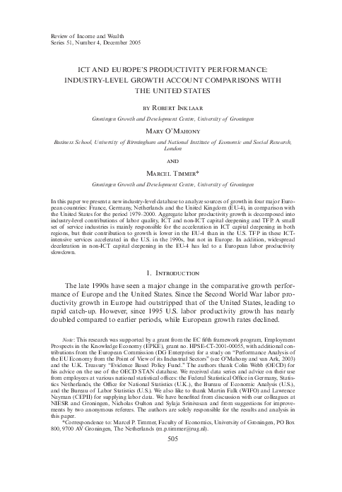 (PDF) ICT AND EUROPE's PRODUCTIVITY PERFORMANCE: INDUSTRY-LEVEL GROWTH ACCOUNT COMPARISONS WITH ...