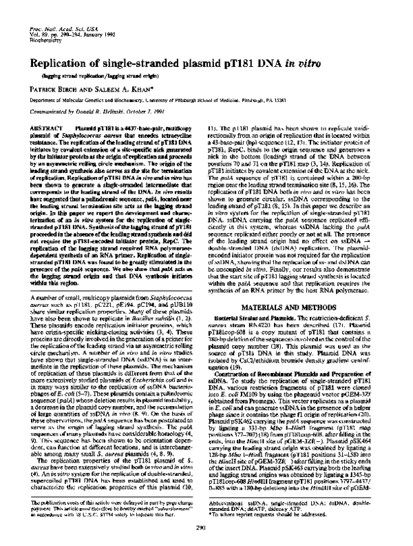(PDF) Replication of Single-Stranded Plasmid pT181 DNA in vitro