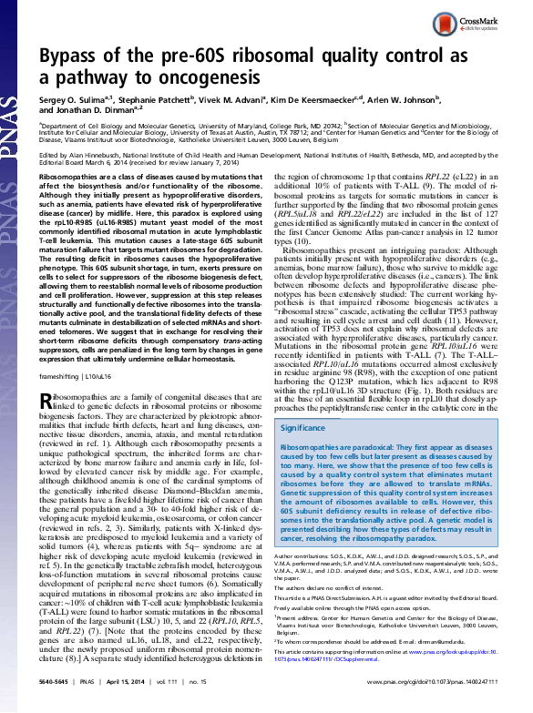 (PDF) Bypass of the pre-60S ribosomal quality control as a pathway to ...
