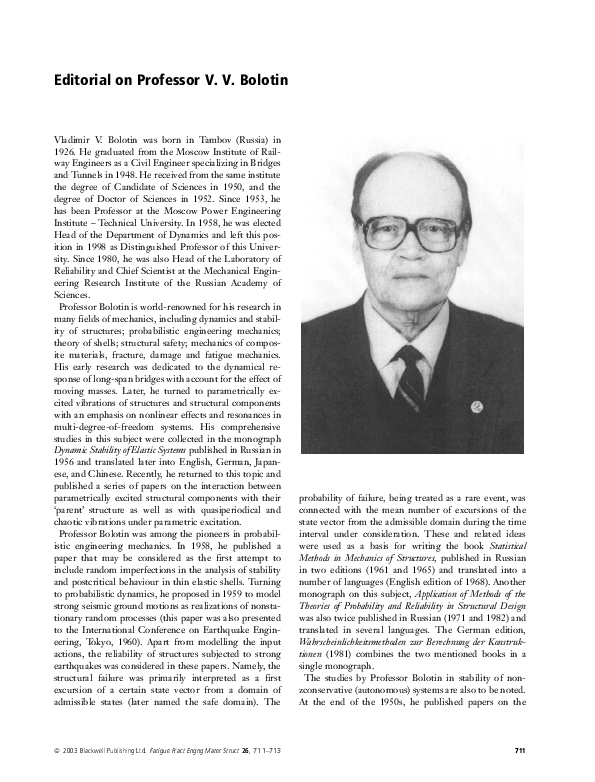 (PDF) Editorial on Professor V. V. Bolotin
