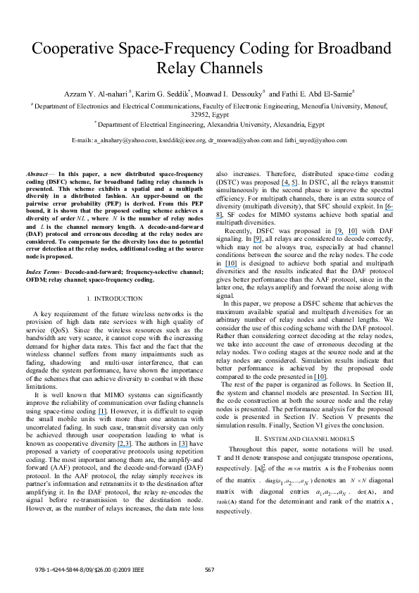 (PDF) Cooperative space-frequency coding for broadband relay channels