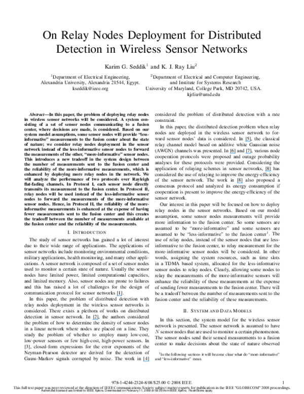 Pdf On Relay Nodes Deployment For Distributed Detection In Wireless Sensor Networks