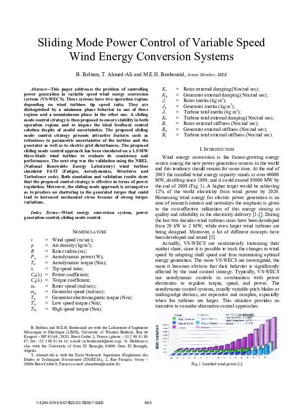 Pdf Sliding Mode Power Control Of Variable Speed Wind Energy Conversion Systems 