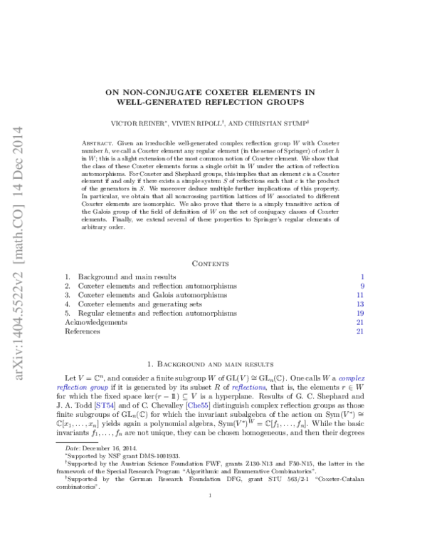 (PDF) On non-conjugate Coxeter elements in well-generated reflection ...