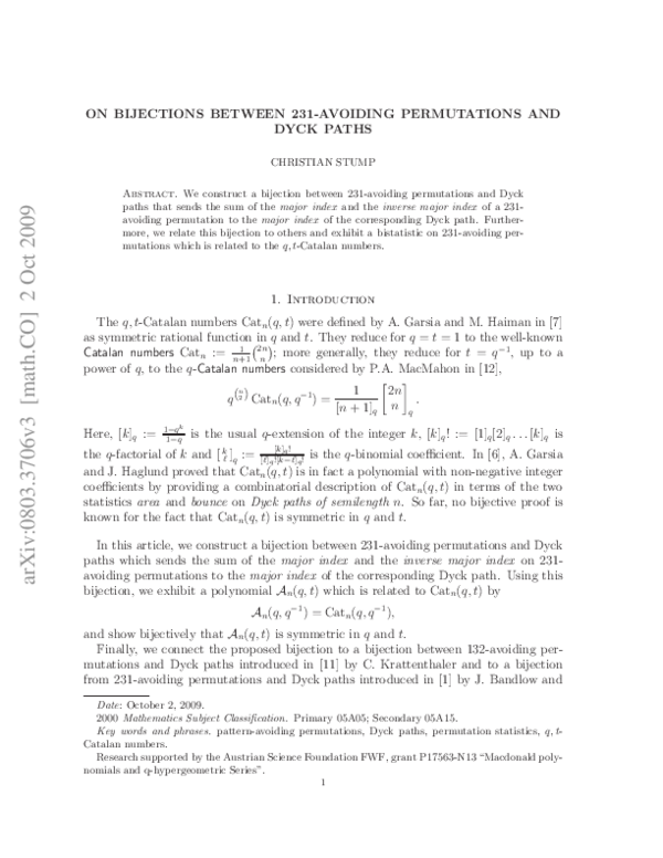 Pdf On Bijections Between 231 Avoiding Permutations And Dyck Paths