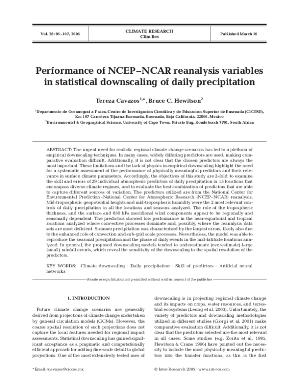 (PDF) Performance of NCEP-NCAR reanalysis variables in statistical downscaling of daily ...