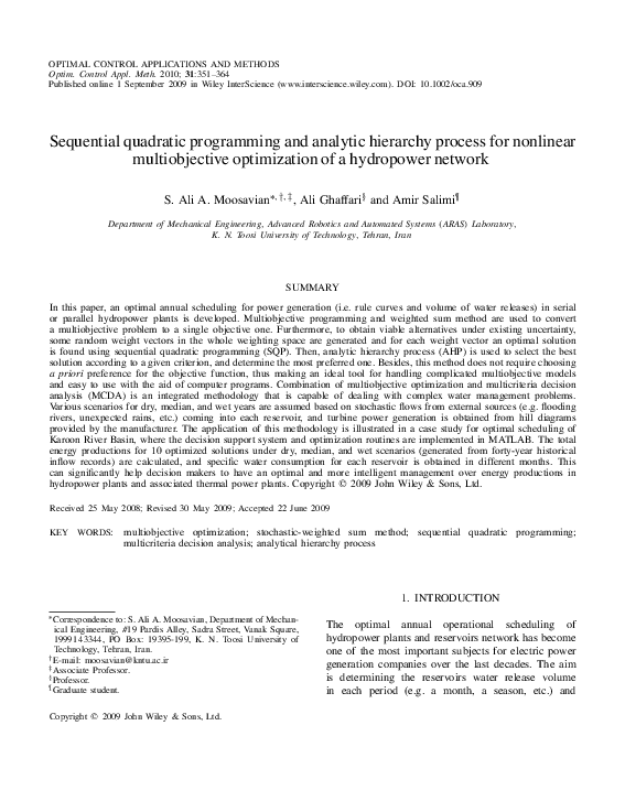(PDF) Non-linear multiobjective optimization for control of hydropower plants network