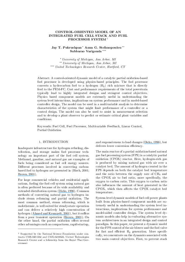 (PDF) CONTROL-ORIENTED MODEL OF AN INTEGRATED FUEL CELL STACK AND FUEL ...