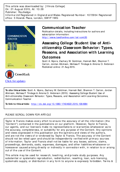 (PDF) Assessing College Student Use of Anti- citizenship Classroom Behavior: Types, Reasons, and ...