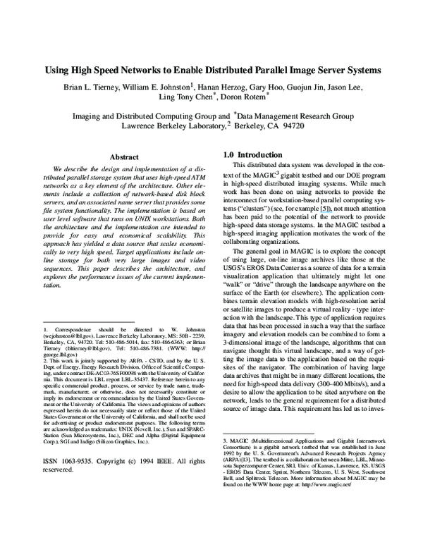 Pdf Using High Speed Networks To Enable Distributed Parallel Image