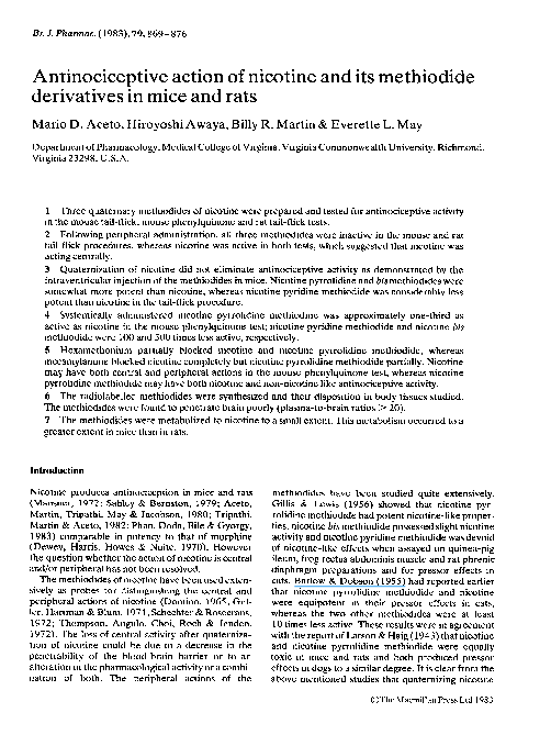 (PDF) Antinociceptive action of nicotine and its methiodide derivatives ...