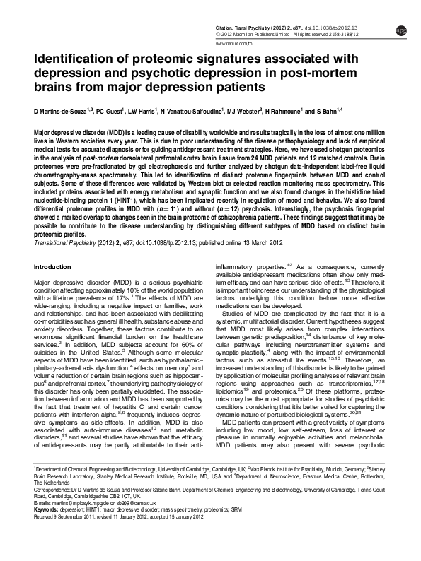 (PDF) Identification of proteomic signatures associated with depression and psychotic depression ...