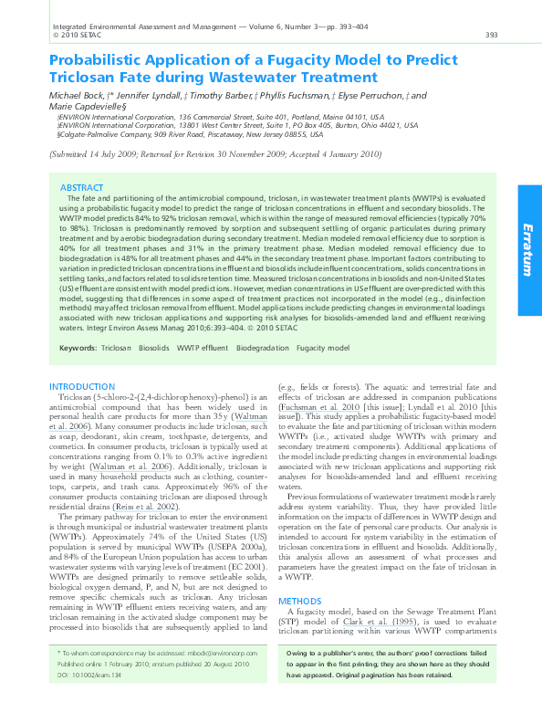 (PDF) Probabilistic application of a fugacity model to predict triclosan fate during wastewater ...