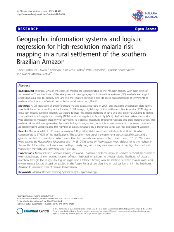 (PDF) Geographic information systems and logistic regression for high-resolution malaria risk ...