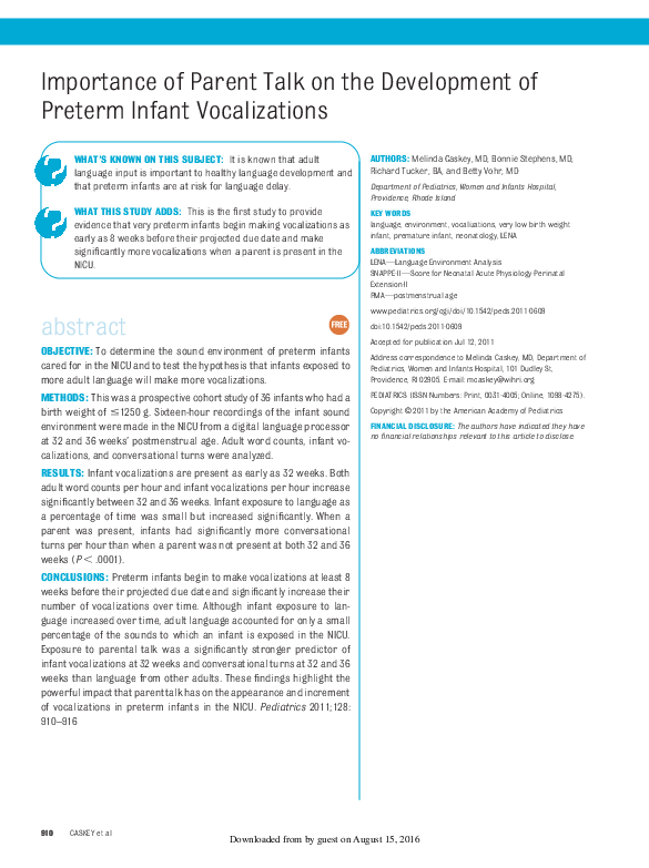 (PDF) Importance of Parent Talk on the Development of Preterm Infant ...