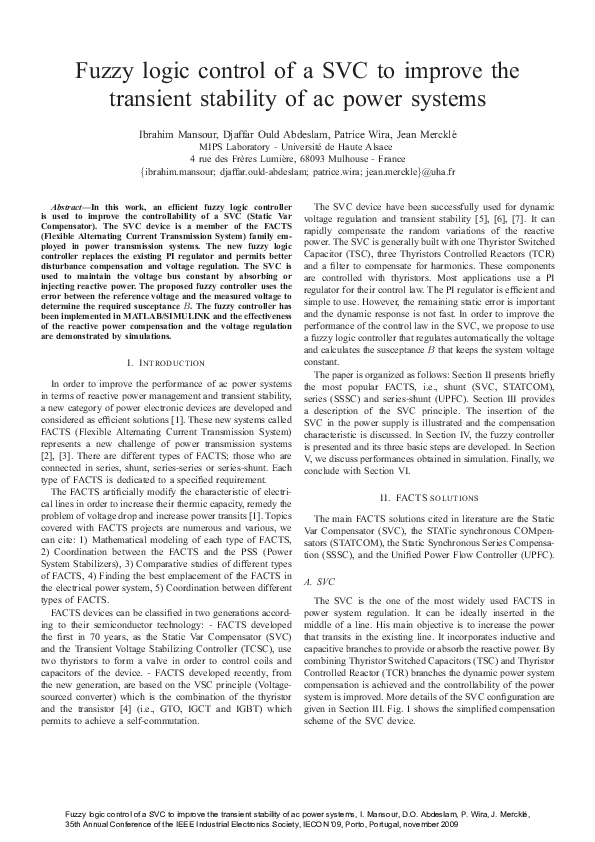 (PDF) Fuzzy logic control of a SVC to improve the transient stability of ac power systems
